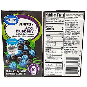 Great Value Energy Drink Mix Variety Bundle, 0.88-1.13 oz box with 10 Drink Packets (Pack of 4) includes 1-Box Blueberry Acai + 1-Box Wild Strawberry + 1-Box Dragon Fruit + 1-Box Pomegranate Lemonade