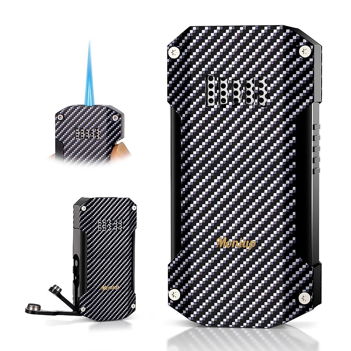 Torch Lighter with Jet Flame, 2 Built-in Punches, All-in-one Windproof Cool Lighter with Gift Box for Festival, Refillable Butane Unique Lighter for Candle, Camping, Outdoors