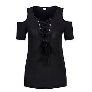 SEMATOMALA Women's Cold Shoulder Sexy Lace Up V Neck Short Sleeve Tee Shirts Tops Clubwear Plus Size BL-3XL Black