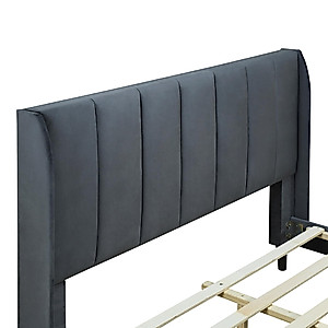 Prohon Upholstered Platform Bed with Tufted Headboard and Soft Wingback, Queen Size Bed Frame No Box Spring Needed, Velvet Bedframe w/Wood Slat Mattress Foundation, Gray