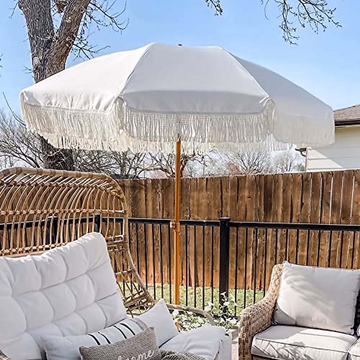 AMMSUN 7ft Patio Umbrella with Fringe Outdoor Tassel Umbrella UPF50+ Premium Steel Pole and Ribs Push Button Tilt,White Cream