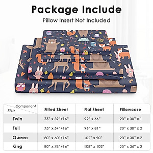 Pinbeam 4 Pcs Fitted Sheet Set Queen Size with 16" Deep Pocket, Animal Cute Autumn Bedding Set with Pillowcases for Kids and Adults, Bear Woodland Rabbit Flat Bed Sheet Set