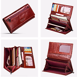 Contacts Women Real Leather Zipper Coin Clutch Purse Phone Wallet (Red)