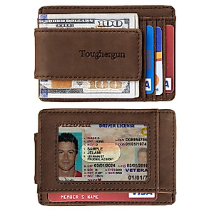 Toughergun Genuine Leather Magnetic Front Pocket Money Clip Wallet RFID Blocking(Coffee)