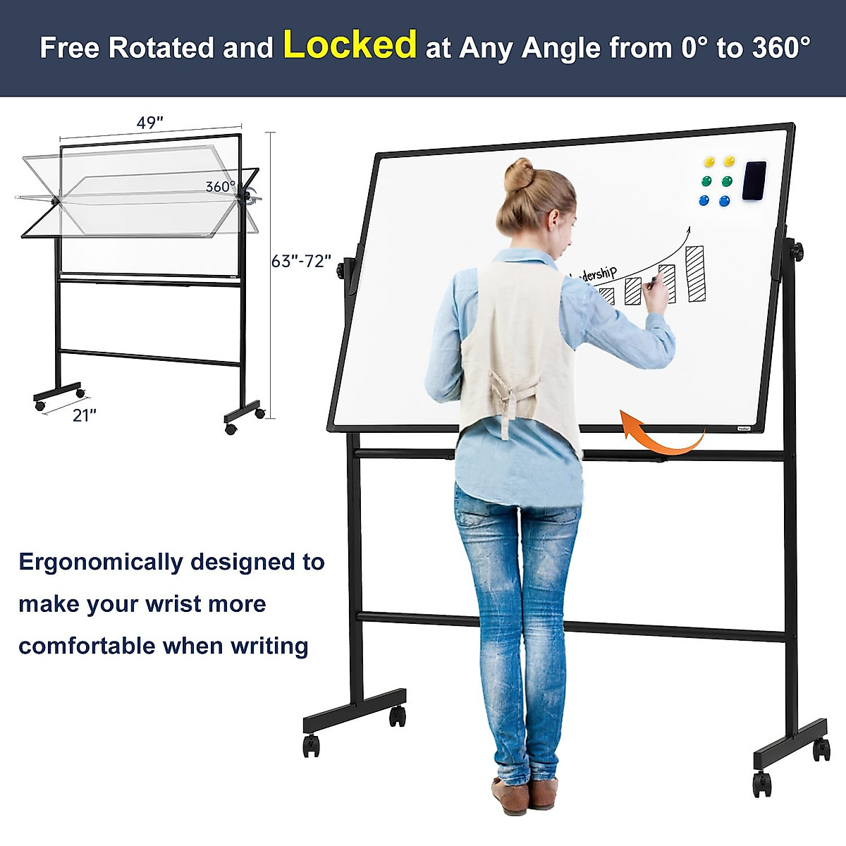Dry Erase Board White Board - TANKEE 48 x 32 Inches Height Adjustable Rolling Mobile Whiteboard on Wheels, Large Double-Sided Reversible Magnetic White Board with Stand, for Office Classroom Home