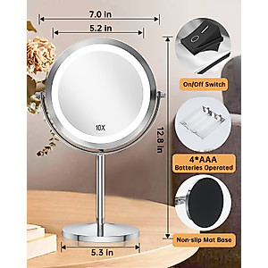 1X/10x Magnified Lighted Makeup Mirror Double Sided Round Magnifying Mirror Standing 360 Degree Swivel Vanity Mirror Battery Operated 7 Inch Diameter Shaving Bathroom Mirror
