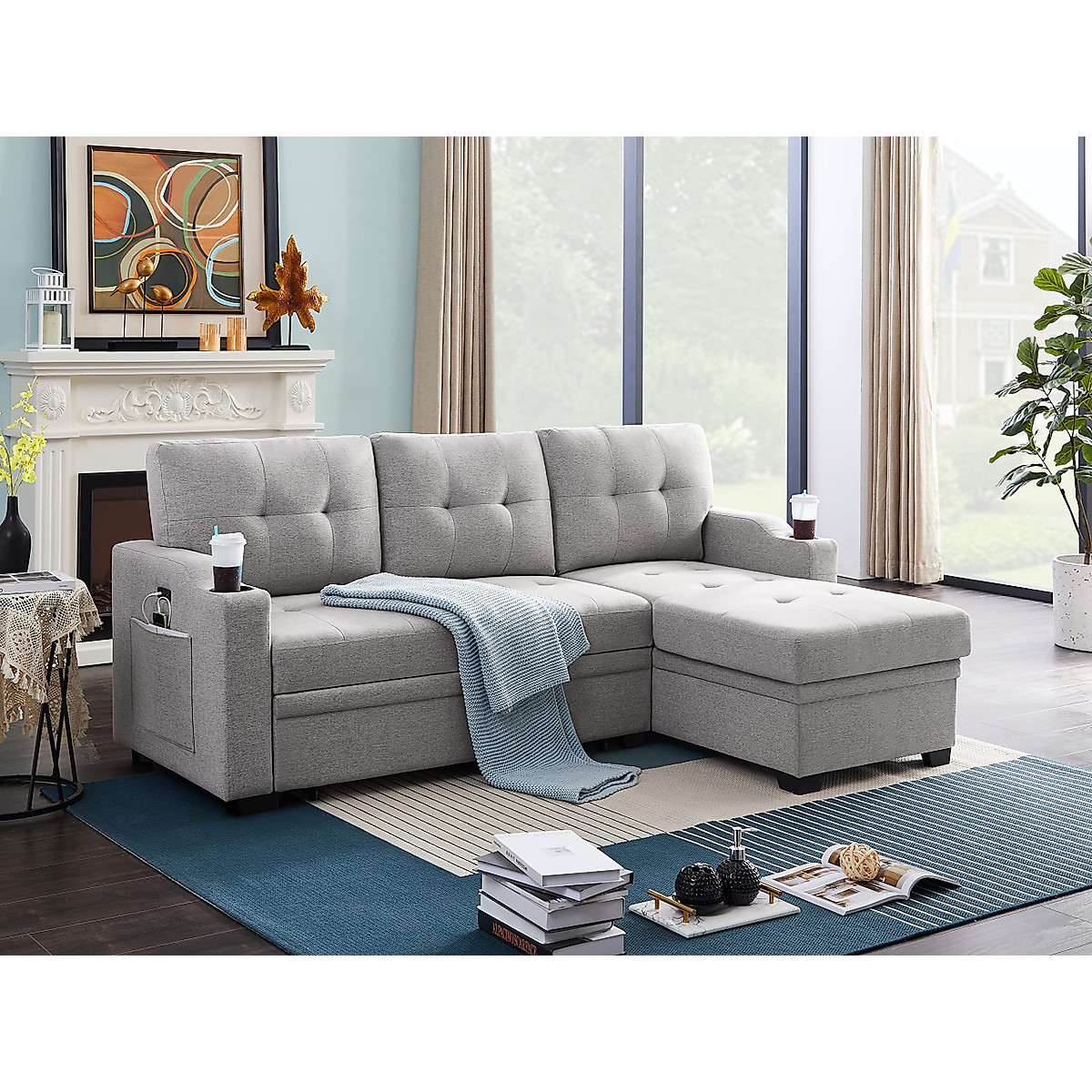 Lilola Home Mabel Light Gray Linen Fabric Sleeper Sectional with cupholder, USB Charging Port and Pocket