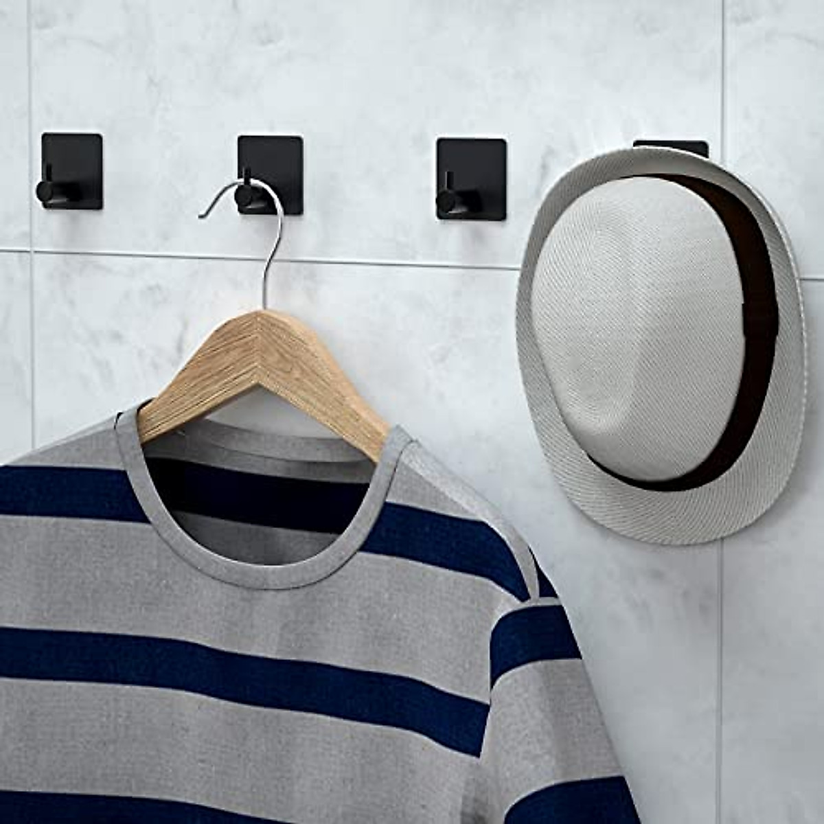 Adhesive Hooks Heavy Duty (4-Pack), Wall Hanging Hooks Hangers for Hat Keys Towel Robe Coats Bathrobes, Metal Sticky Black Wall Hook No Drill Easy to Mount in Bathroom Office Home Kitchen Closet