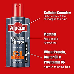 Alpecin C1 Caffeine Shampoo, 8.45 fl oz (Pack of 2) Men's Natural Hair Growth Shampoo for Thinning Hair with Niacin and Castor Oil