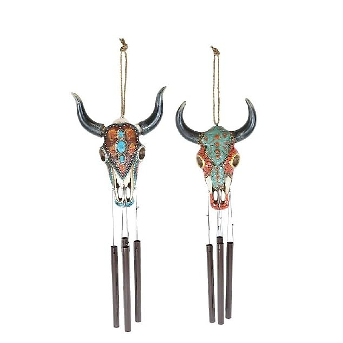 Ebros Gift Pack of 2 Rustic Western Faux Tooled Leather Ornate Bison Cow Skull with Turquoise and Ember Gems Decorative Wind Chimes Garden Patio Mobile Figurines Country Tribal Southwestern Accent