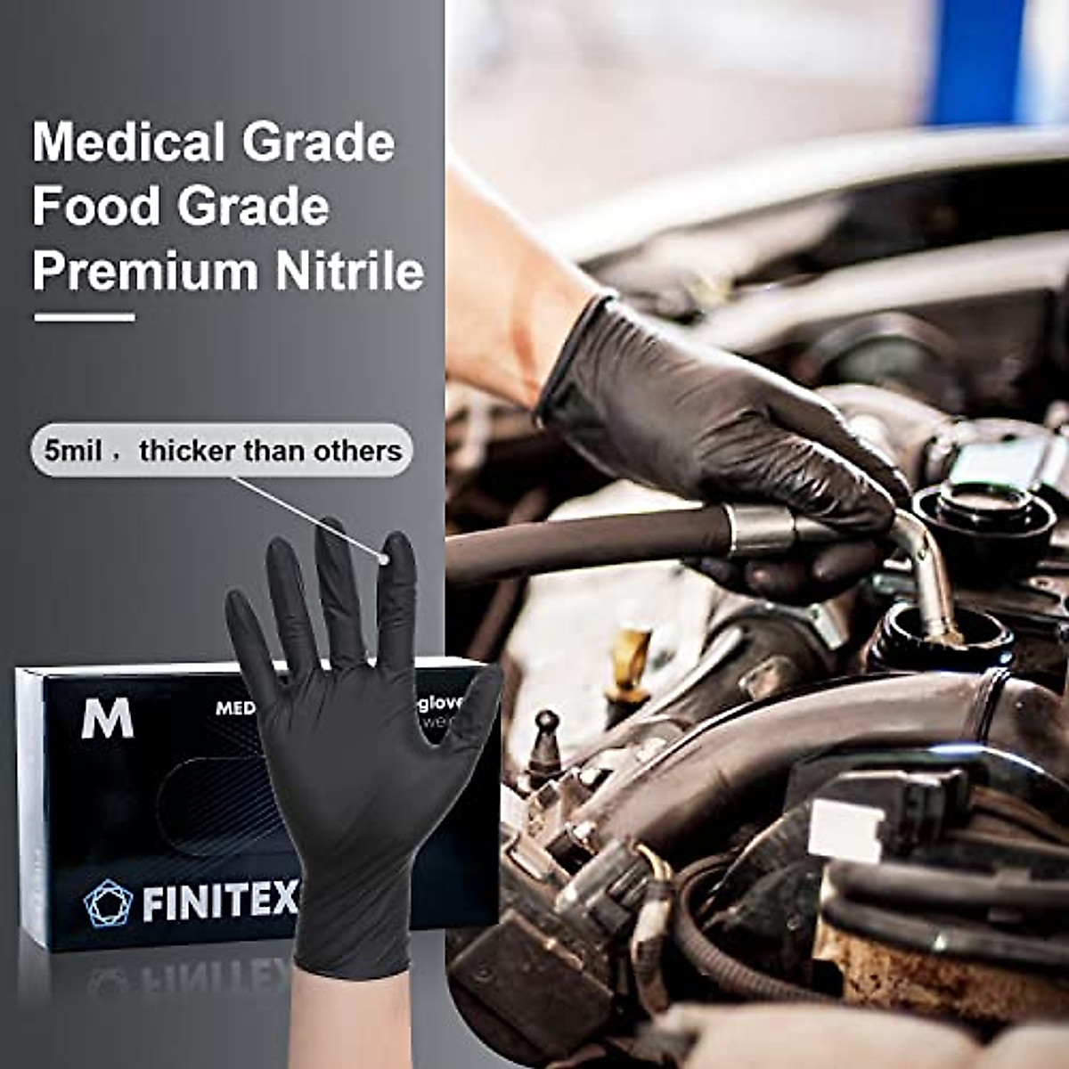 FINITEX - Black Nitrile Disposable Gloves, 5mil, Powder-free, Medical Exam Gloves Latex-Free 100 PCS For Examination Home Cleaning Food Gloves (Medium)