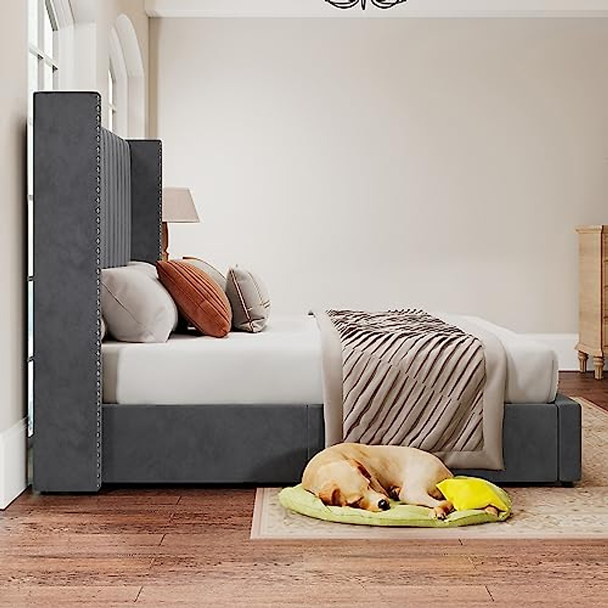 Jocisland Lift up Storage Bed Frame Queen Size, Upholstered Platform Bed Velvet with Channel Tufted Wingback Headboard, No Box Spring Needed, Gray