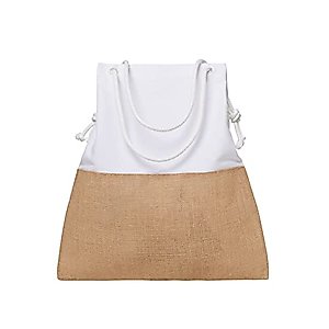 Srivilai Handcraft SRIVILAI Large Jute Canvas Shoulder Beach Bag, Stylish Two Tone Woven Natural Jute & White Canvas Boho Tote Bag, Eco-Friendly Summer Shopping Bag with Adjustable Rope Handle