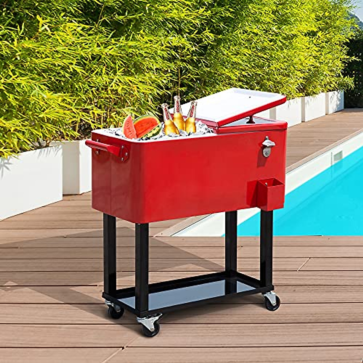 Outsunny 80 QT Rolling Cooling Bins Ice Chest on Wheels Outdoor Stand Up Drink Cooler Cart for Party, Red