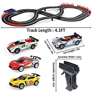 Electric Racing Tracks for Boys and Kids Including 4 Slot Cars 1:43 Scale with Headlights and Dual Racing, Race Car Track Sets with 2 Hand Controllers, Gift Toys for Children Over 8 Years Old