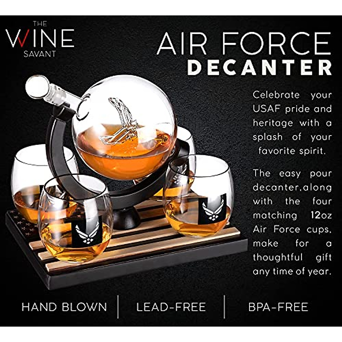 Father's Day Whiskey Decanter Set with 4 Liquor Glasses Air Force Whisky Decanter & Glass Set with Wood Base & 9 Whiskey Stones - US Airforce Gifts for Men - Globe Bourbon & Scotch Gifts for Dad