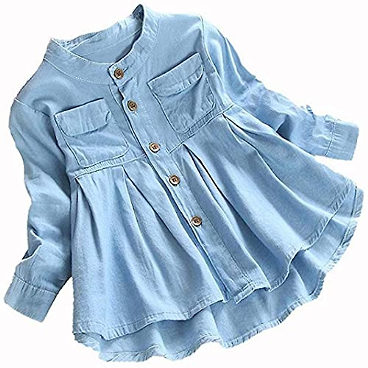 Baby Girls Kid Button Ruched Long Sleeve Pocket T-Shirt Tops Clothing Children Autumn Winter Fashion Blouse (Blue, 7-8 Years)