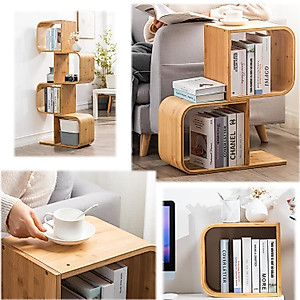 5-Tier S-Shaped Geometric Modern Bamboo Bookshelf, Large Capacity Creative Display Curved Rack Free-Standing Bedside Table 2 in 1 Bookcase Storage CDs, DVDs Book Shelf for Home, Office, Living Room
