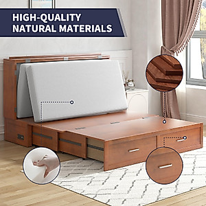 ijuicy Murphy Bed, Queen Size Cabinet Bed with Foldable Memory Foam Mattress & USB Charging Station & 2 Large Drawers for Guests Room/Bedroom-Reddish Brown