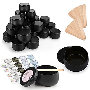 Timueetech 24 Pcs All-Black 8oz Candle Tins and 24 Pcs Wooden Candle Wick Centering Device and 32pcs Candle Label, All-Black 8oz Candle Tins Inside and Outside, Empty Candle Jars with Lids Bulk
