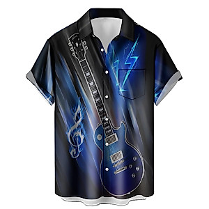 Ecosunny Men's Blue Lightning Electric Guitar Shirts Short Sleeve Hawaiian Gradient Casual Button Down Music Shirt