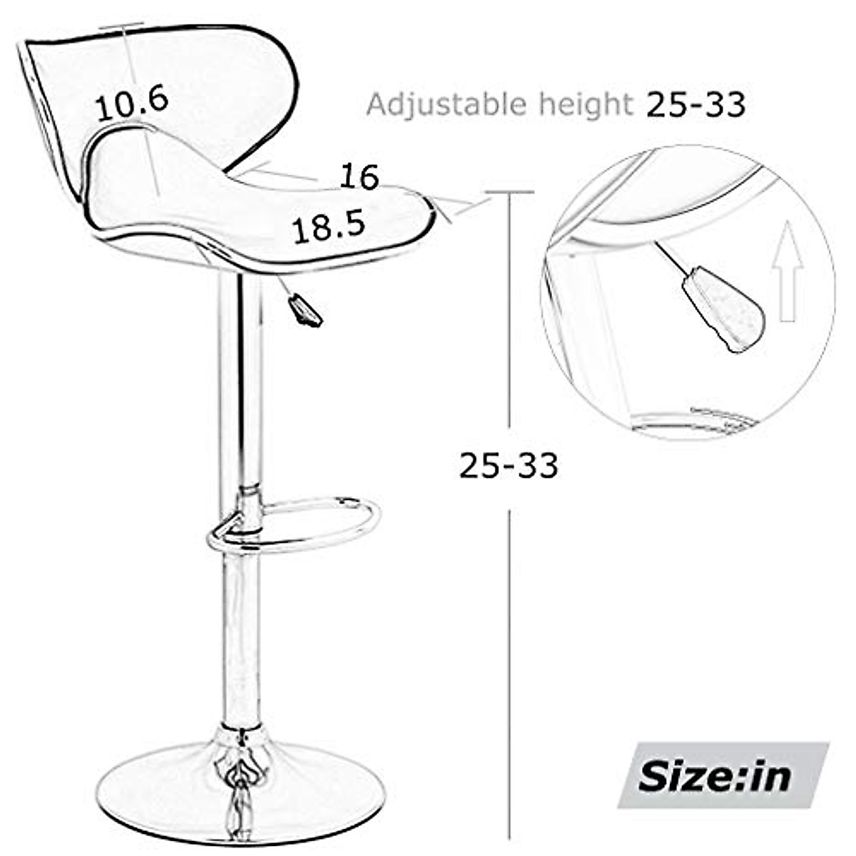 Set of 2 Bar Stools, Counter Height Adjustable Bar Chairs with Back Barstools PU Leather Swivel Bar Stool Kitchen Counter Stools Dining Chairs (Black)