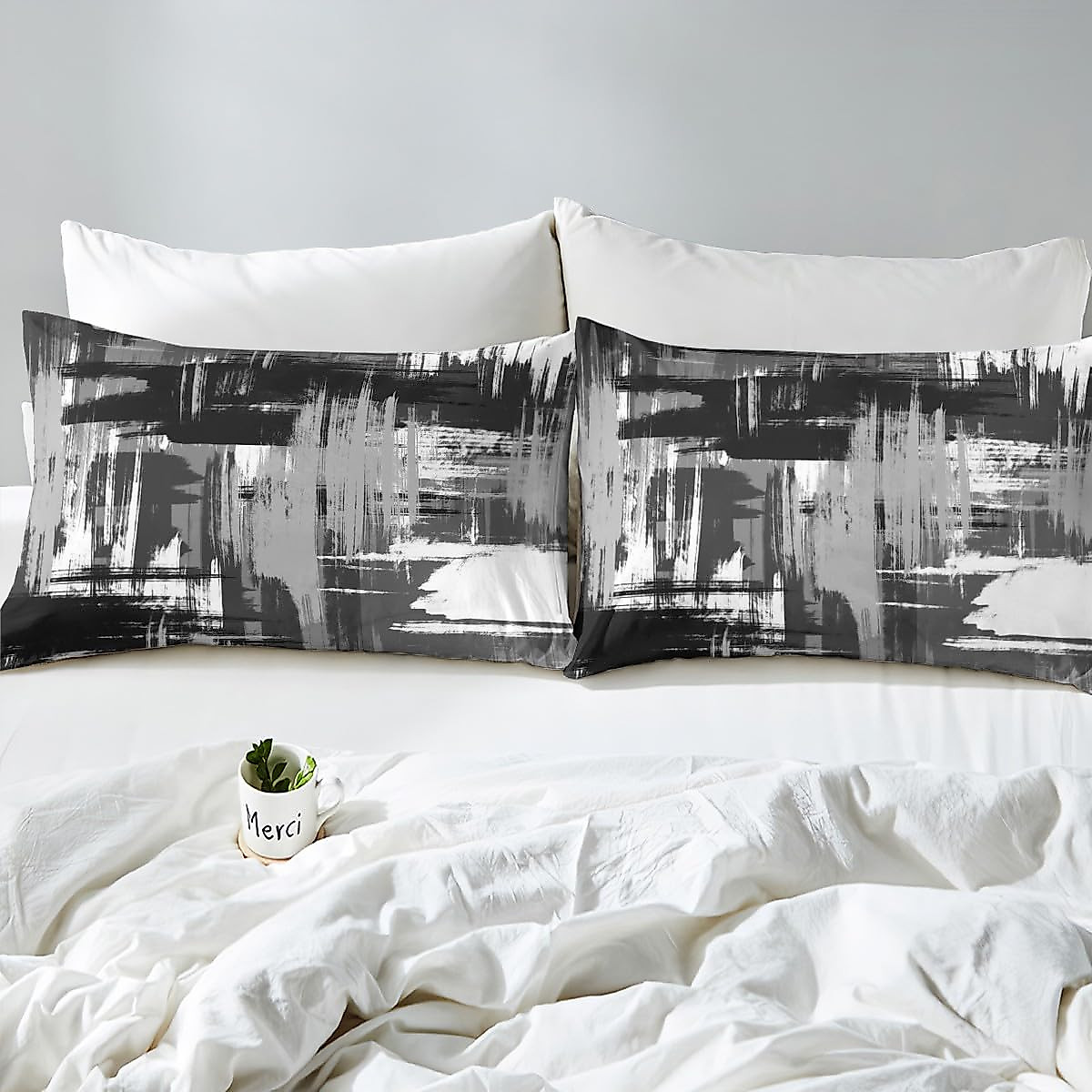 Feelyou Grey Black White Abstract Bed Sheets Set King Size Geometric Sheet Set for Kids Stripe Line Sheets with Deep Pocket Fitted Sheet Women Men Teens Ultra Soft Decor Modern Art Bedding Set