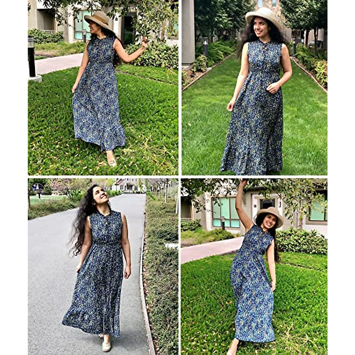 CZYINXIAN Women’s Sleeveless Maxi Dress Floral Printed Tie Neck Long Dress High Waist Pleated A Line Dresses for Women(Flower Navy Blue,Medium)