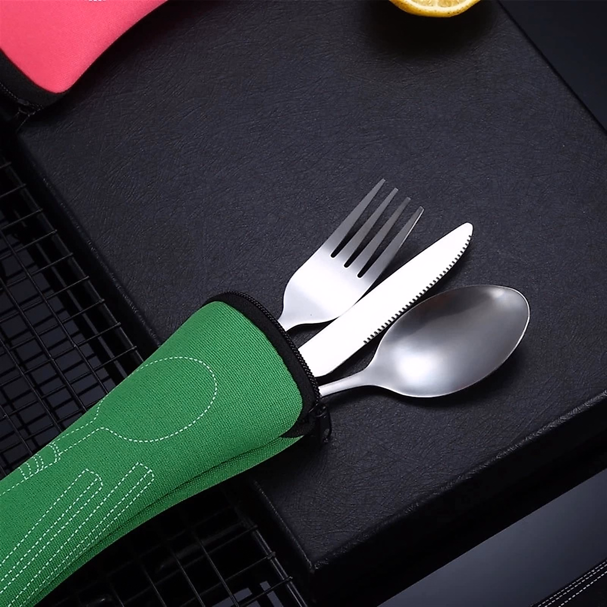 MEGTRI Kitchenutensils 3pcs/bag Steak Knife Travel Cutlery Set Portable Printed Stainless Steel Spoon Fork