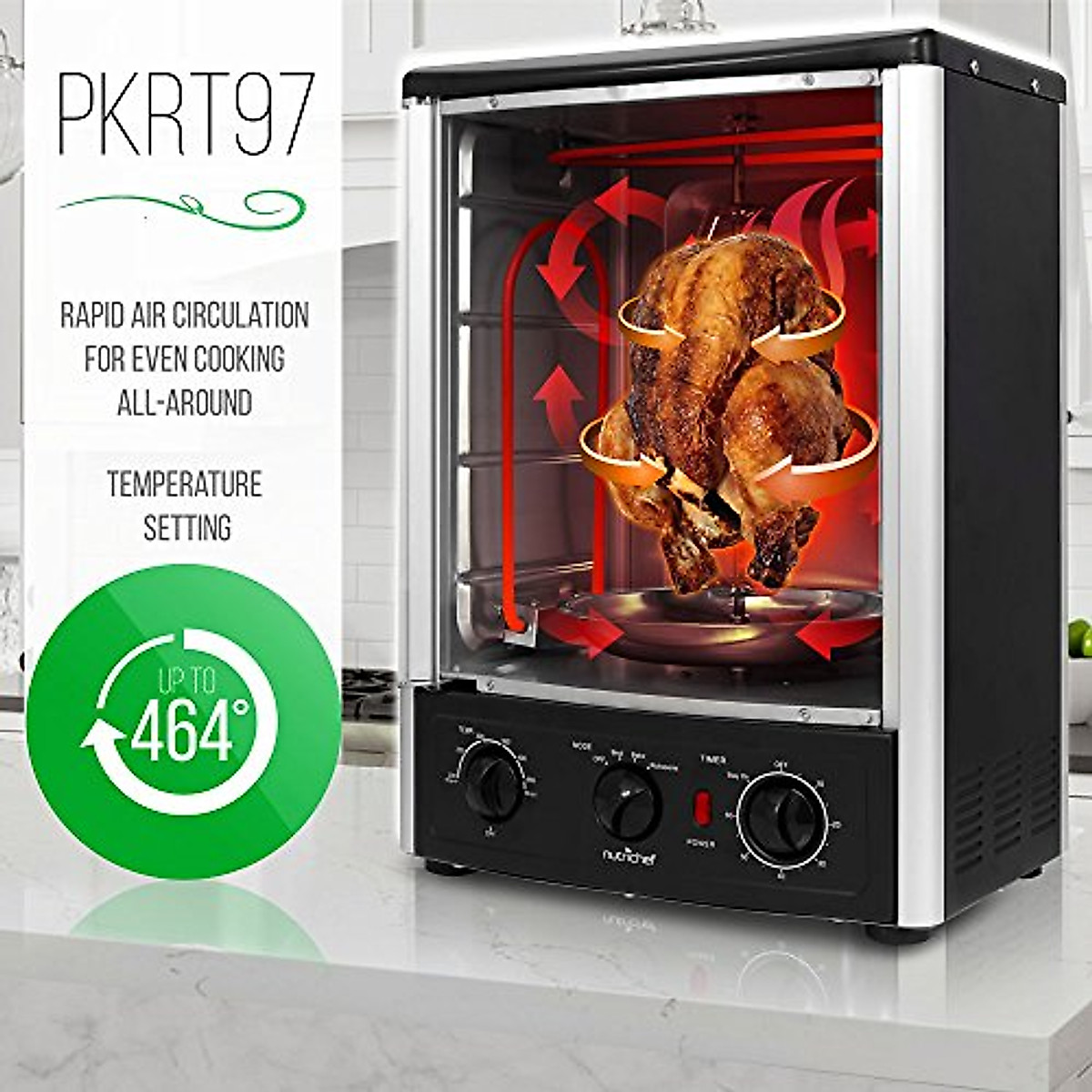 NutriChef PKRT97 Upgraded Multi-Function Rotisserie Vertical Countertop Oven with Bake, Turkey Thanksgiving, Broil Roasting Kebab Rack with Adjustable Settings, 2 Shelves 1500 Watt-PKRT97, 1500W