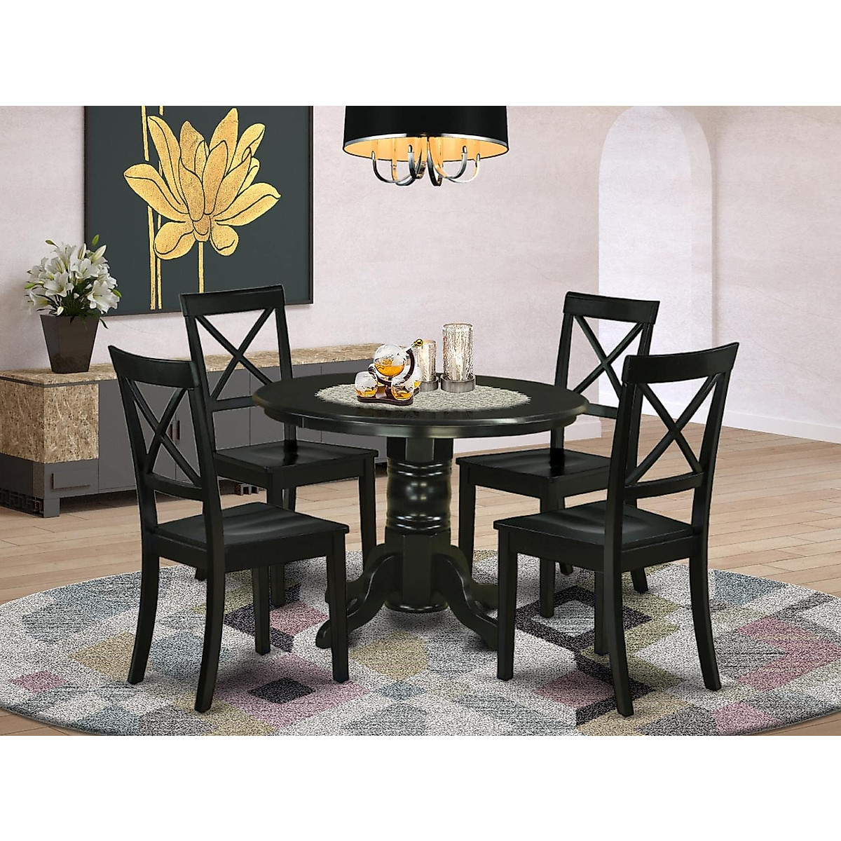 East West Furniture SHBO5-BLK-W 5 Piece Dining Set Includes a Round Kitchen Table with Pedestal and 4 Dining Chairs, 42x42 Inch, Black