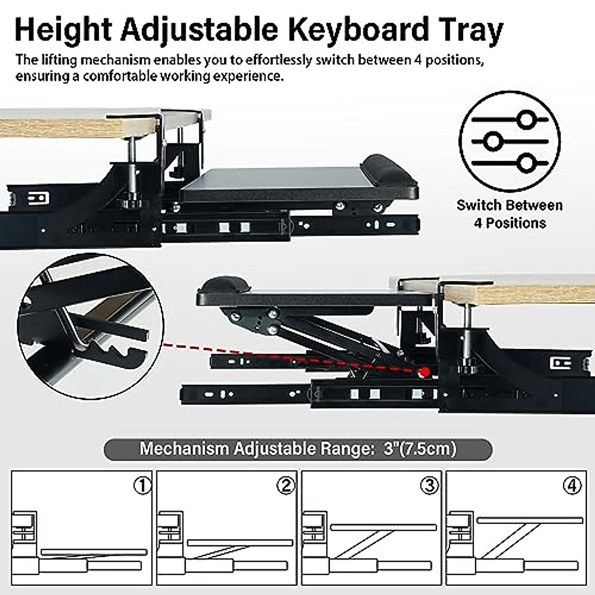 TOPSKY Adjustable Under-Desk Keyboard Tray, 26.8”x11” Pull Out Keyboard and Mouse Tray with Tilted Mechanism and C Clamp for Home and Office (Black)