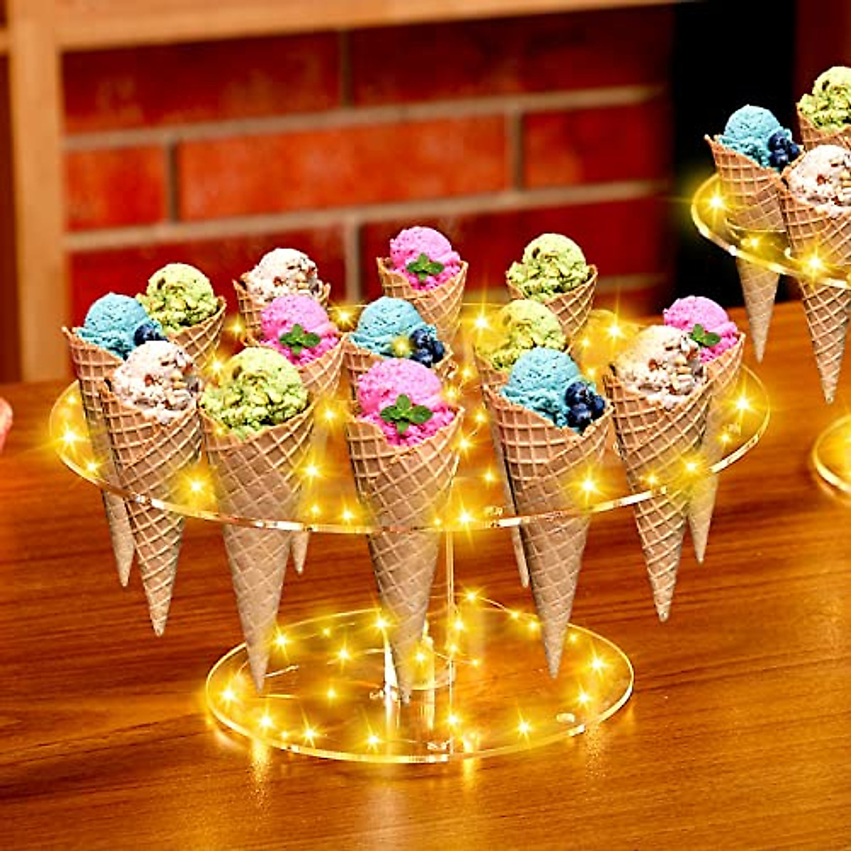 2 Pack LED Ice Cream Cone Holder with Lights 16 Holes Acrylic Ice Cream Cone Display Stand Waffle Cupcake Sugar Cone Cotton Candy Cones Display Rack for Birthday Weddings Parties Anniversaries