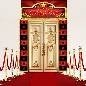 Peryiter 4 Pcs Casino Night Party Entryway Decorations Casino Hanging Banner Poker Welcome Porch Sign Red Carpet for Las Vegas Game Casino Themed Birthday Party Supplies Photo Background