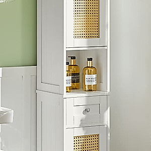Haotian BZR70-W, White Tall Bathroom Cabinet with Rattan Door, Drawer and Storage Compartment, Linen Tower Bath Cabinet, Cabinet with Shelf