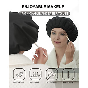 YIZIJIZI Terry Lined Shower Cap,Triple Layer Large Cap for Women,Shower Cap Reusable Waterproof,Long Thick Hair(Black)