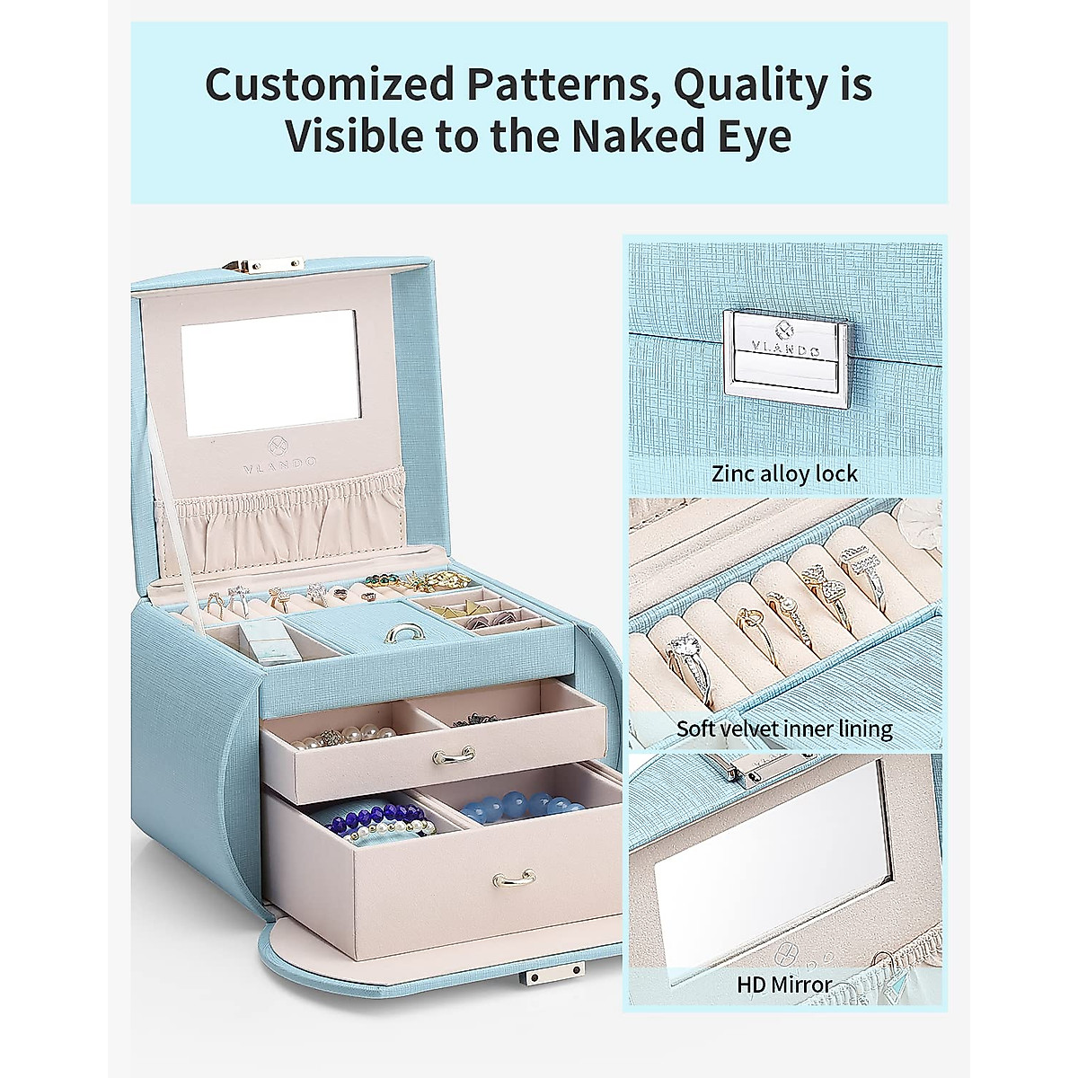 Vlando Jewelry Box for Girls Princess Style Girls Jewelry Box 3-Layer Kids Jewelry Box with Mirror Jewelry Box for Girls 8-12 Valentines Day Gifts for Her (Blue)