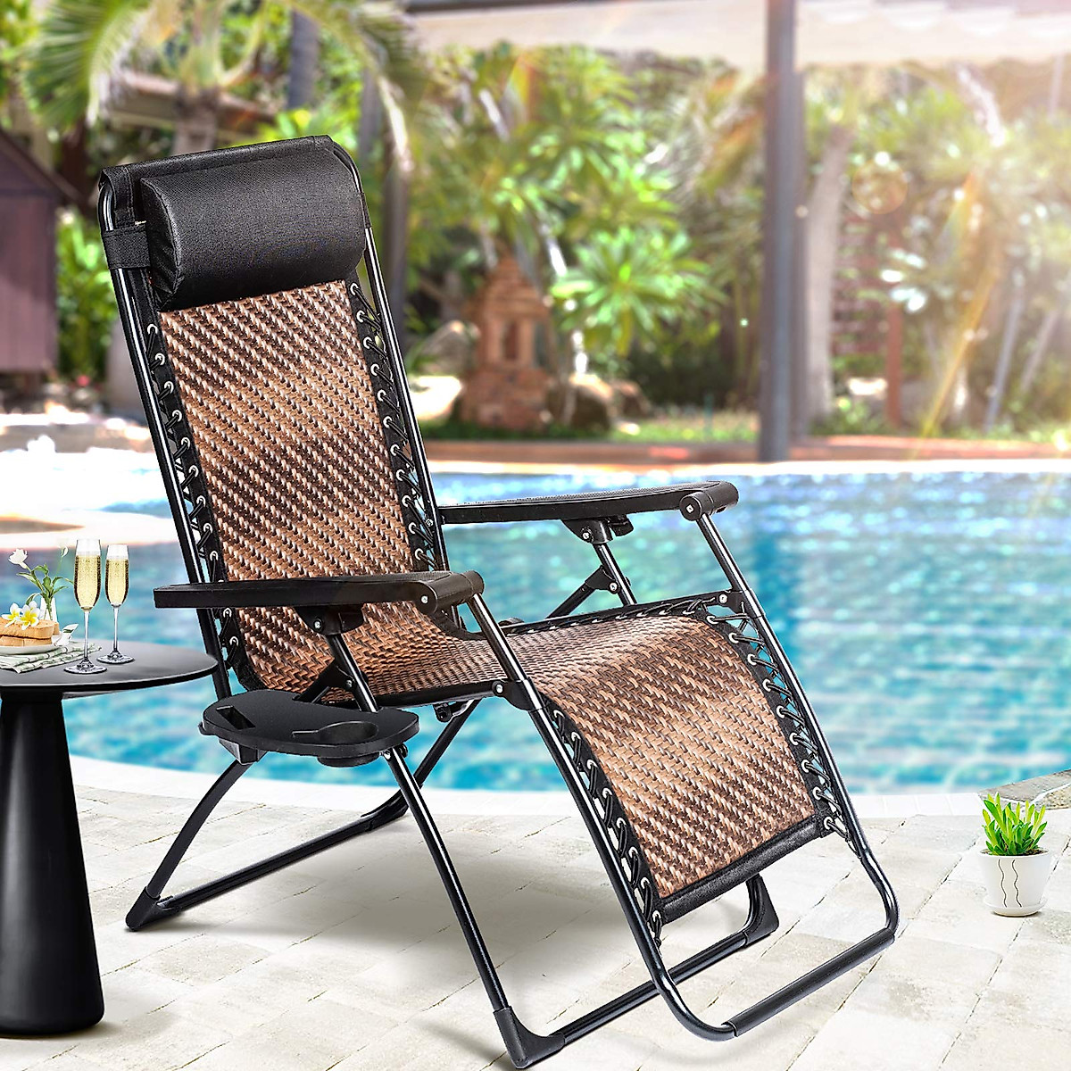 Oakmont Zero Gravity Chairs Patio Set with Pillow and Cup Holder Patio Furniture Outdoor Adjustable Dining Reclining Folding Chairs for Pool Side Outdoor Yard Beach (Brown)