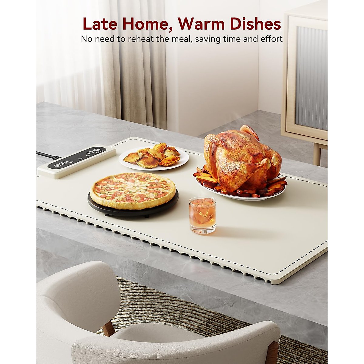Negative ion Food Warming Mat with Adjustable Temperature,Foldable Electric Warming Tray for Parties Features 3 Modes & Fast Heating,Roll Up Food Warmer for Parties,Shabbat,Christmas （White）