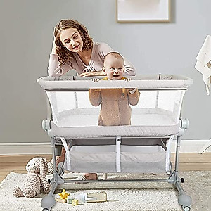 HAHASOLE Bedside Sleeper for Baby, Portable Bassinets for Safe Co-Sleeping, Easy Assemble Baby Crib with Storage Basket & Mosquito, Adjustable Bedside Bassinet for Newborn