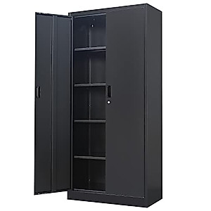 Metal Storage Cabinets with Locking Doors and Adjustable Shelves, Steel Storage Cabinet for Garage, Office, Classroom - Black