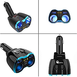 USB C Car Charger, Cigarette Lighter Splitter Adapter 2 Socket Type C Multi Power Outlet 12V/24V 80W DC with LED Voltmeter Switch 5.8A Dual USB Port for Mobile Cell Phone GPS Dash Cam