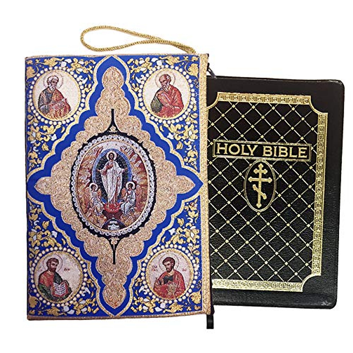 Blue Gospel Bible - Book Tapestry Icon Pouch - Reversible Case Purse Resurrection with Evangelists - St Mathew, Mark, Luke, John 11 3/4"