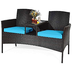 HAPPYGRILL Outdoor Rattan Loveseat Set Patio Wicker Conversation Set with Removable Cushions, Wicker Sofa Furniture Set with Coffee Table for Garden Lawn Backyard