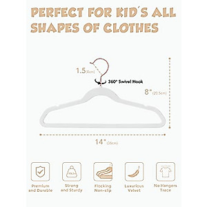 Smartor Kids Velvet Hangers 50 Pack, 14'' Inch Premium Non Slip Kids Felt Hangers for Closet, Space Saving Toddler Clothes Hanger for Youth's Childrens' Clothes Shirts, Pants, Dresses - White