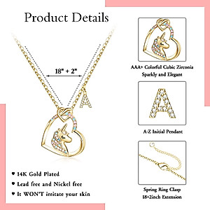 STORUP Gifts for Women Necklace, 14K Gold Plated Heart Unicorn Necklace Women Jewelry Initial Necklace Unicorn Necklaces for Women