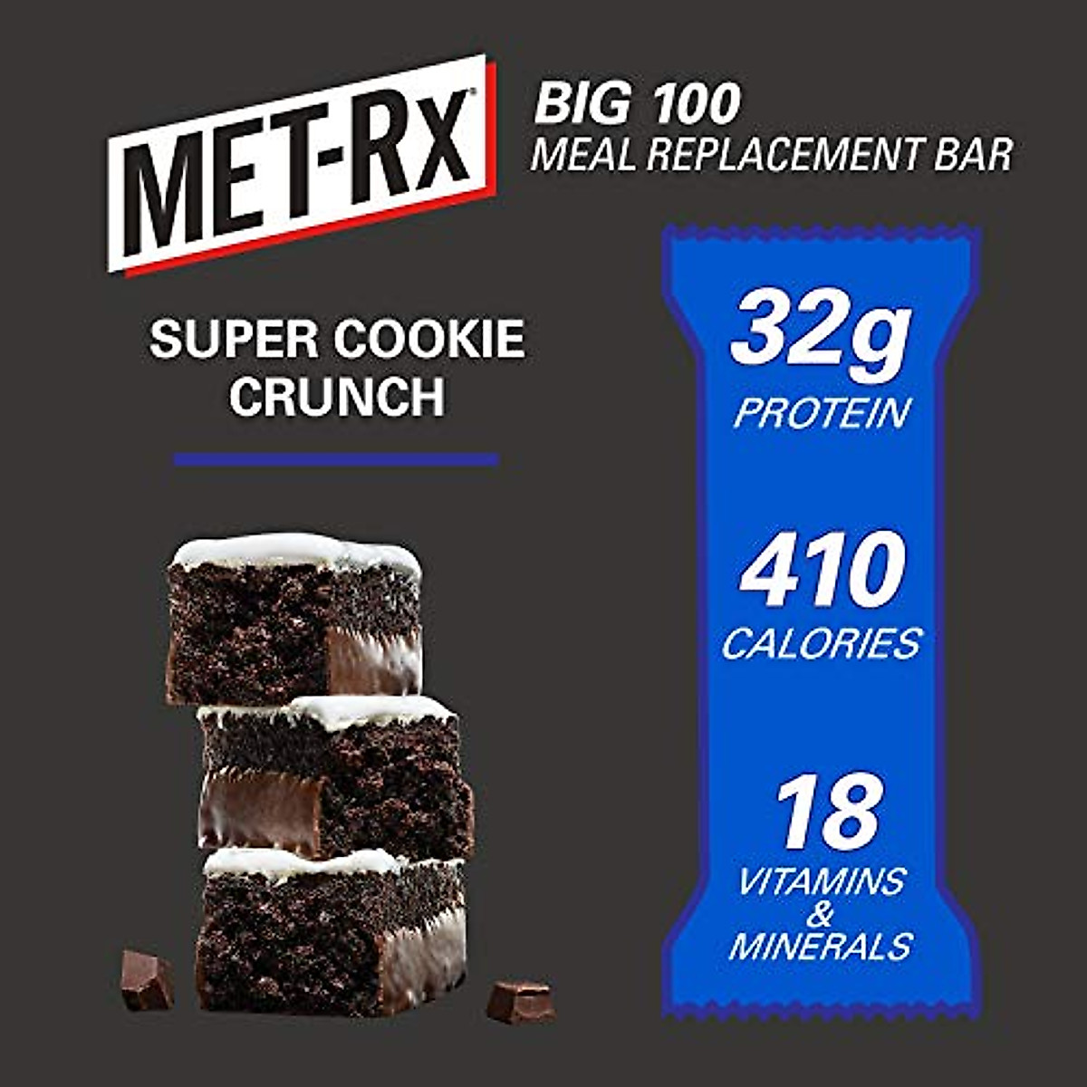 MET-Rx Big 100 Protein Bar, Meal Replacement Bar, 32G Protein, Super Cookie Crunch, 9 Bars (Pack of 1)