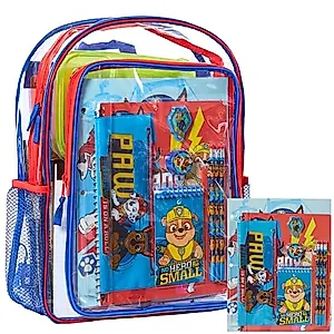 Large Clear Backpack for Kids with School Supplies Set, 16 inch Stadium Approved Transparent Bag, Red and Blue