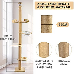 HOPERAN Floor-to-Ceiling Cat Tree (Adjustable Height: 100.3" - 106.3") 4-Layer Cat Climbing Tower with Hammock, Fence Springboard, Space Capsule, Fence Lookout, Natural Sisal Rope Scratching Posts