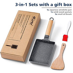 Tamagoyaki Pan Square Japanese Omelette Pan,Non-stick Egg Roll Pan,Rectangle Frying Pan Wood Handle,with Silicone Brush & Solid Wood Spetula,Grey